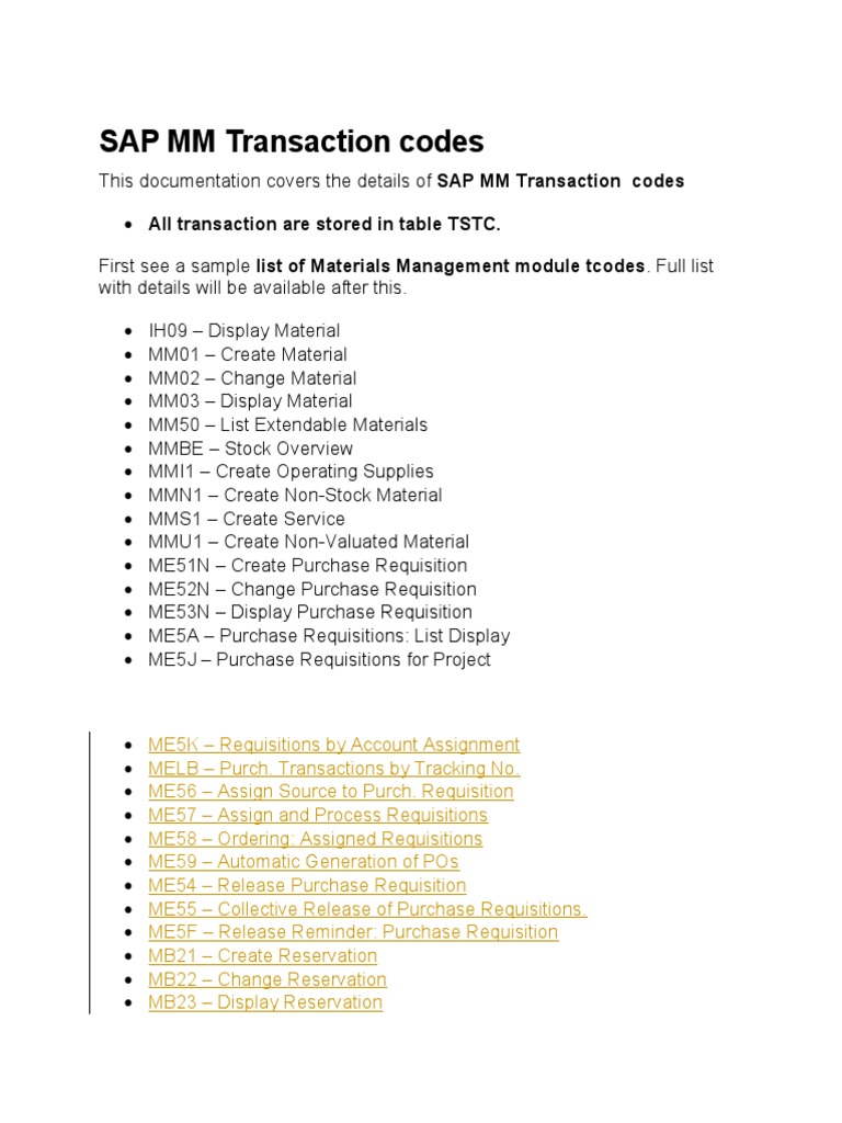 List of SAP MM Transaction Codes | PDF | Computing | Business