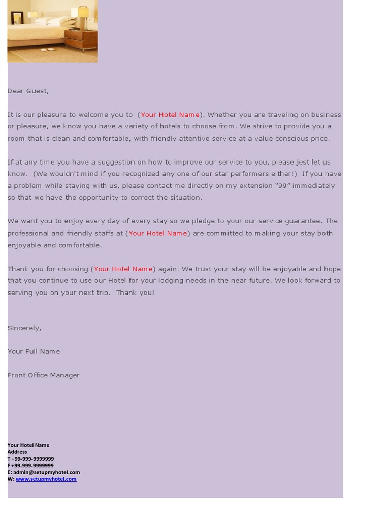 Welcome Letter For Hotel Guests Sample 7 | PDF
