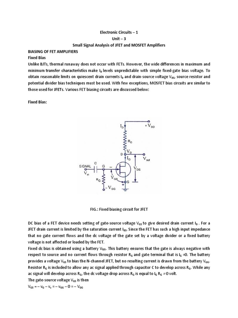 Electronic Circuits - 1 Unit - 3 Small Signal Analysis of JFET and MOSFET Amplifiers Biasing of ...