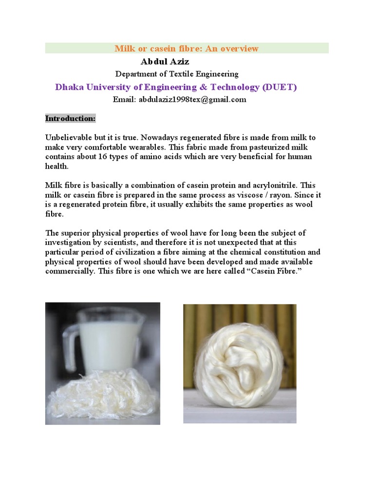 Milk or Casein Fibre | PDF | Textiles | Fibers