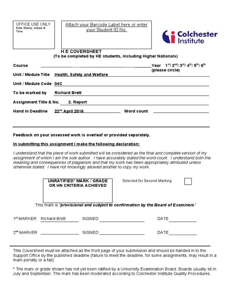 HSW Assignment 2 - Report 2015-16 | PDF | Regulatory Compliance ...