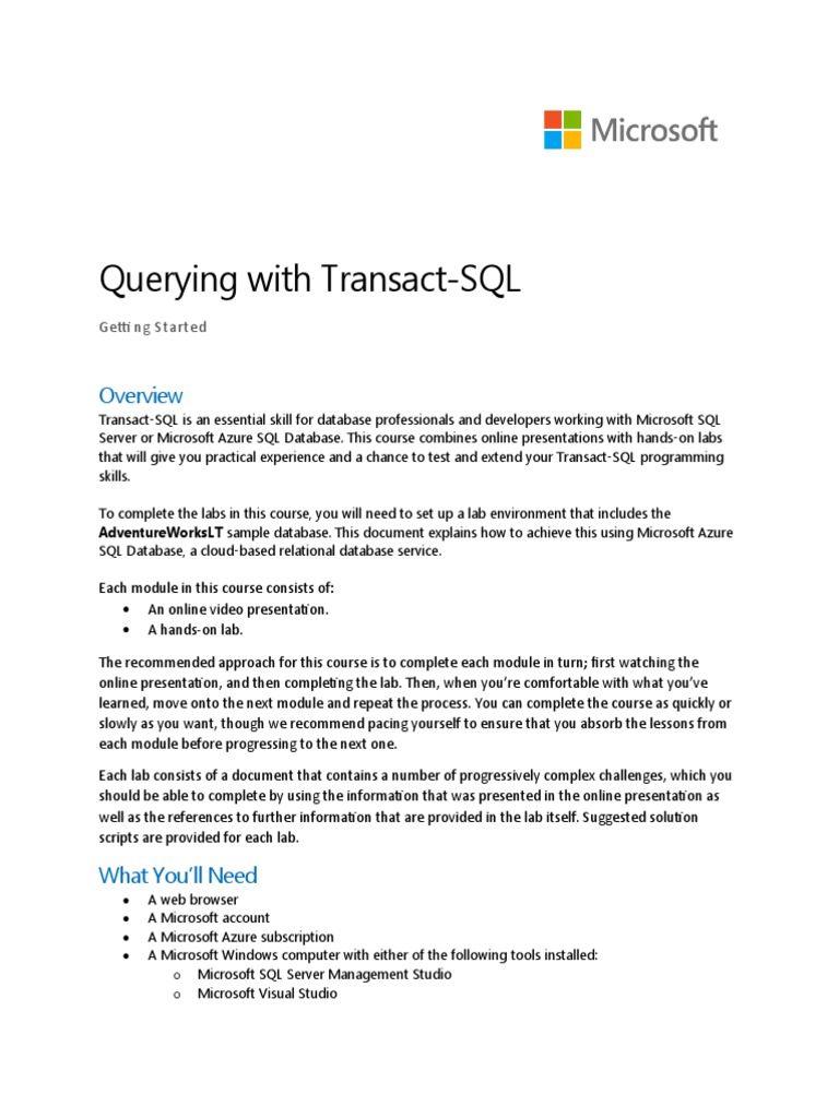 Querying With Transact-SQL: Getti NG Started | PDF | Microsoft Sql ...