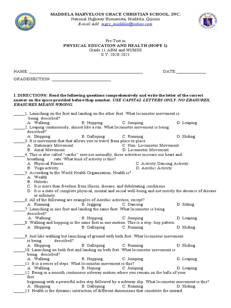 Assessment Test - Hope 1 | PDF | Aerobic Exercise | Vitamin