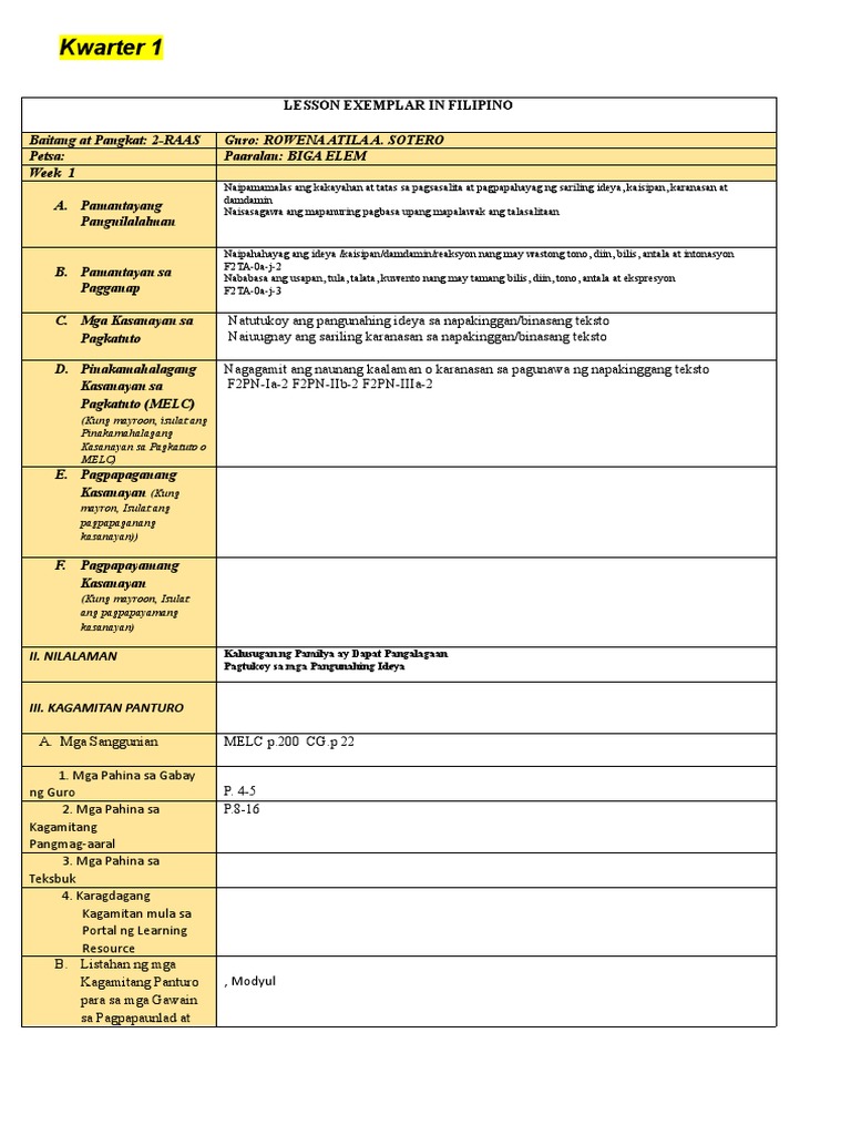 Lesson Exemplar in Filipino Wena | PDF