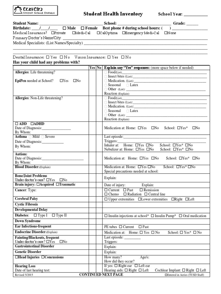 Student Health Inventory Form | PDF | Epilepsy | Allergy