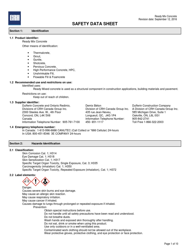MSDS Ready Mix Concrete 2016 09 12 | PDF | Dangerous Goods | Personal Protective Equipment