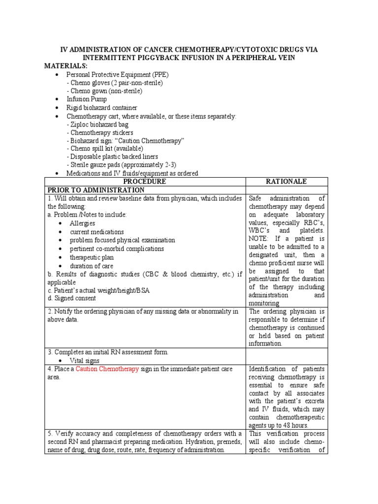 Iv Administration of Cancer Chemotherapy/Cytotoxic Drugs Via ...