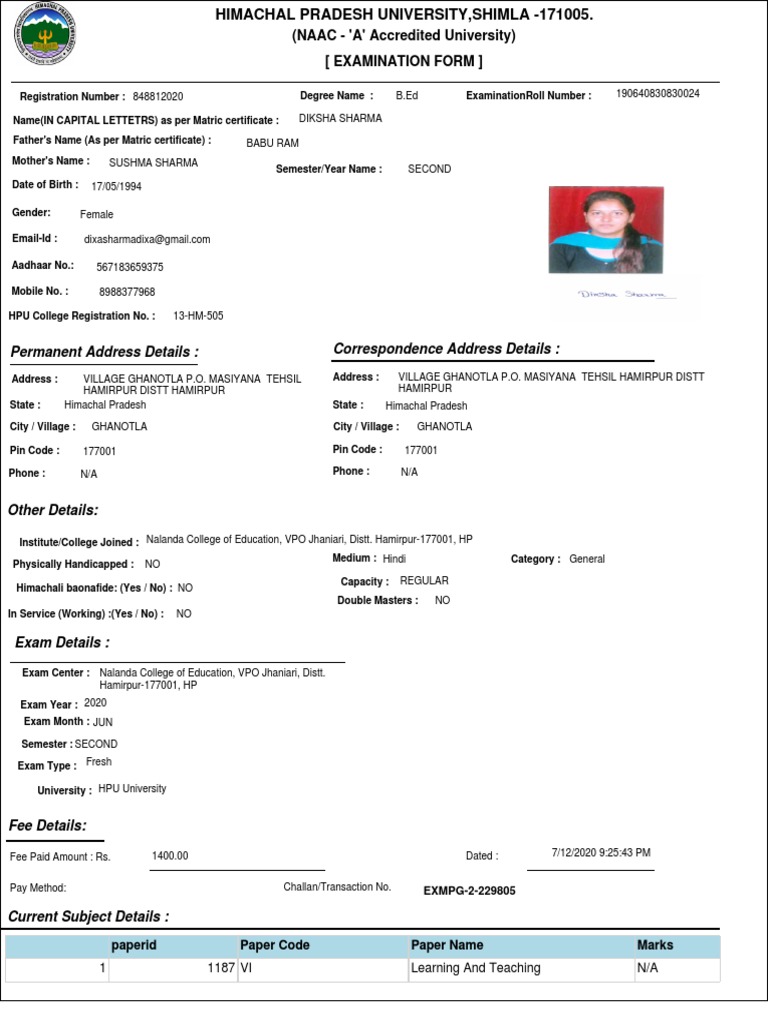 (NAAC - 'A' Accredited University) (Examination Form) : Permanent ...