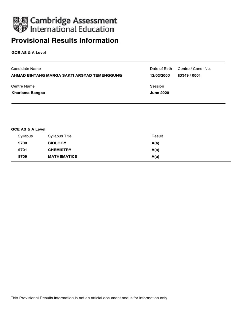 Provisional GCE AS and A Level Examination Results for Students of ...
