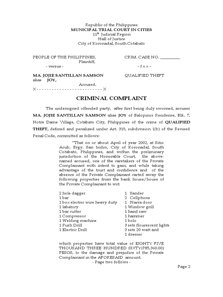 Criminal Complaint - Samson | PDF | Witness | Oath