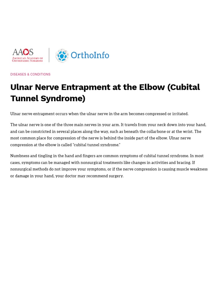 Ulnar Nerve Entrapment at The Elbow (Cubital Tunnel Syndrome ...