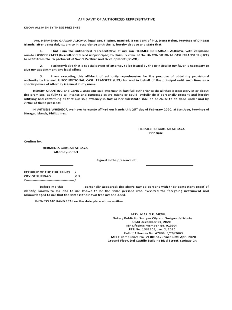 Affidavit of Authorized Representative | PDF | Power Of Attorney ...