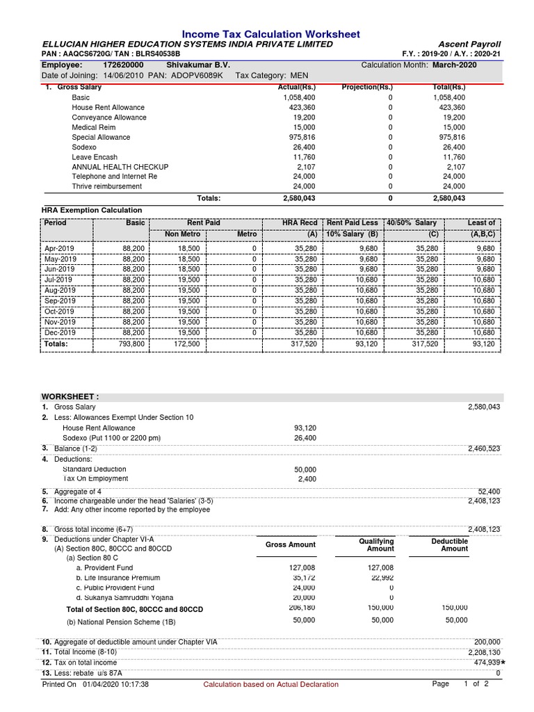 Income Tax Calculation Worksheet: Ellucian Higher Education Systems ...