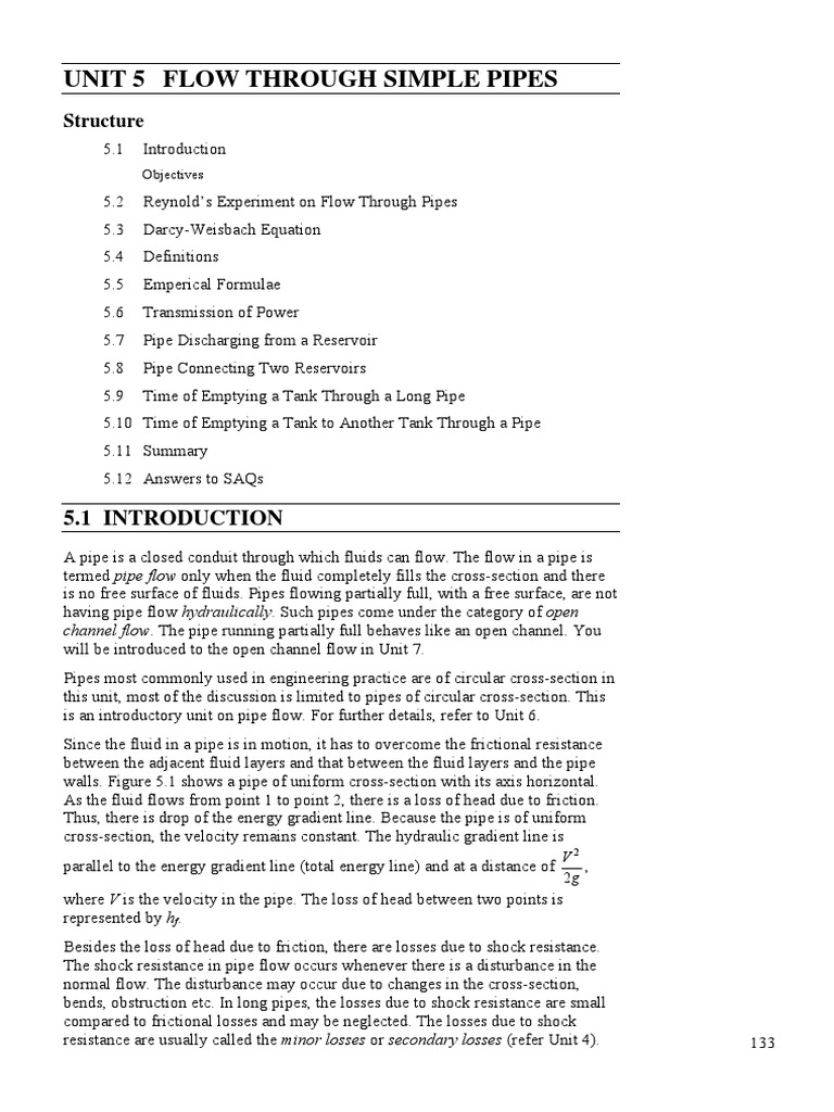 Unit 5 Flow Through Simple Pipes: Structure | PDF | Reynolds Number ...