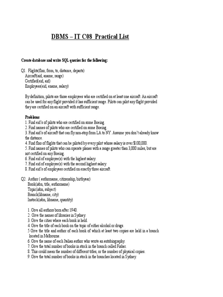 DBMS - IT C08 Practical List: Create Database and Write SQL Queries For ...
