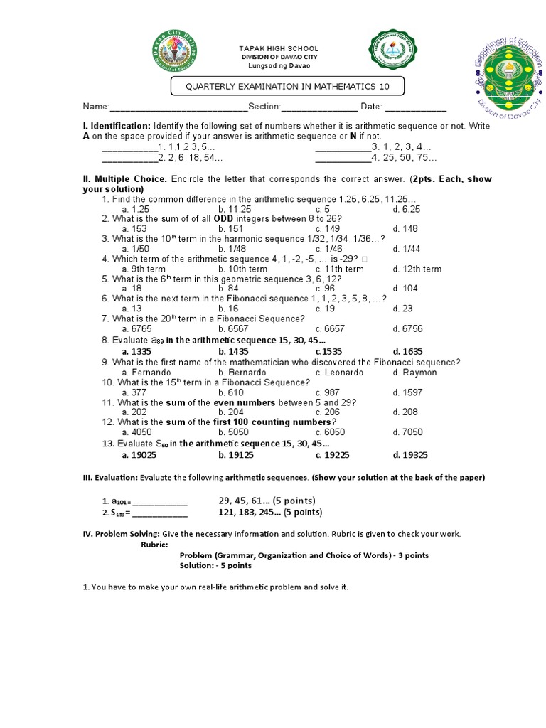 Math 10 Questionnaire | PDF | Sequence | Arithmetic