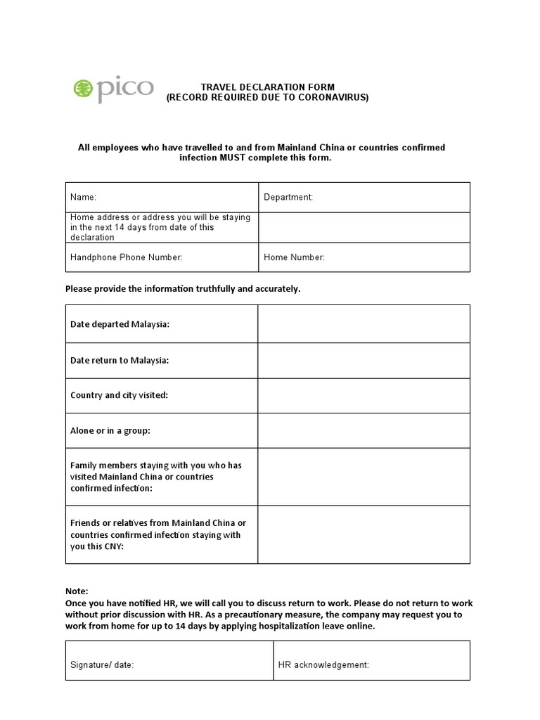 Declaration of Travel Form (Coronavirus) | PDF