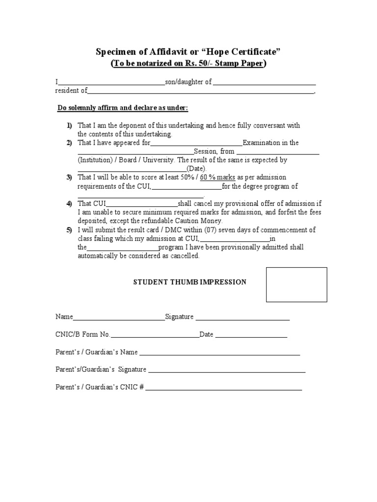 Specimen of Affidavit or "Hope Certificate" : To Be Notarized On Rs. 50 ...