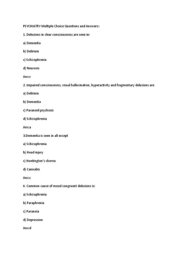 PSYCHIATRY Multiple Choice Questions and Answers | PDF | Psychosis ...
