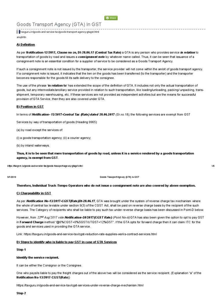Goods Transport Agency (GTA) in GST | PDF | Value Added Tax | Taxes