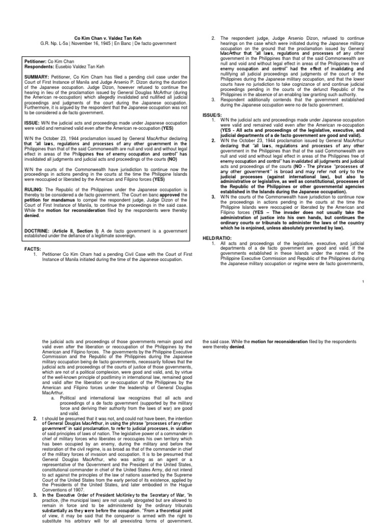 Co Kim Cham V Valdez Tan Keh | PDF | Judiciaries | Military Occupation