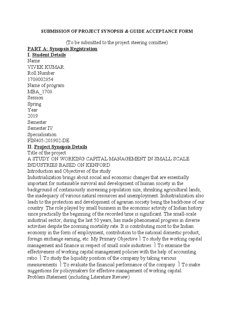 PART A: Synopsis Registration I. Student Details: Submission of Project ...