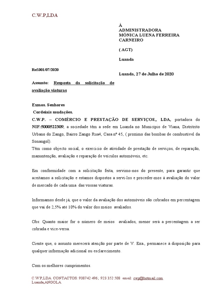 Carta de Resposta CWP | PDF | Carro | Estado