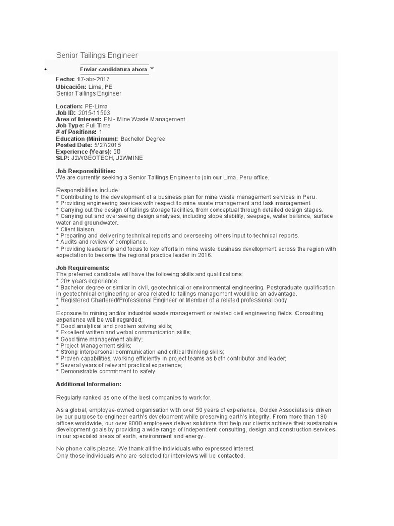 Senior Mining Engineer | PDF | Geotechnical Engineering | Engineer