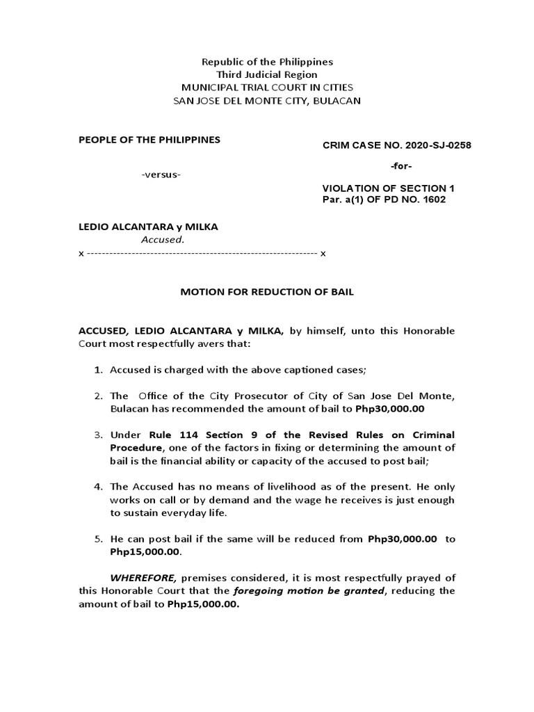 Motion For Reduction of Bail | PDF | Finance & Money Management ...