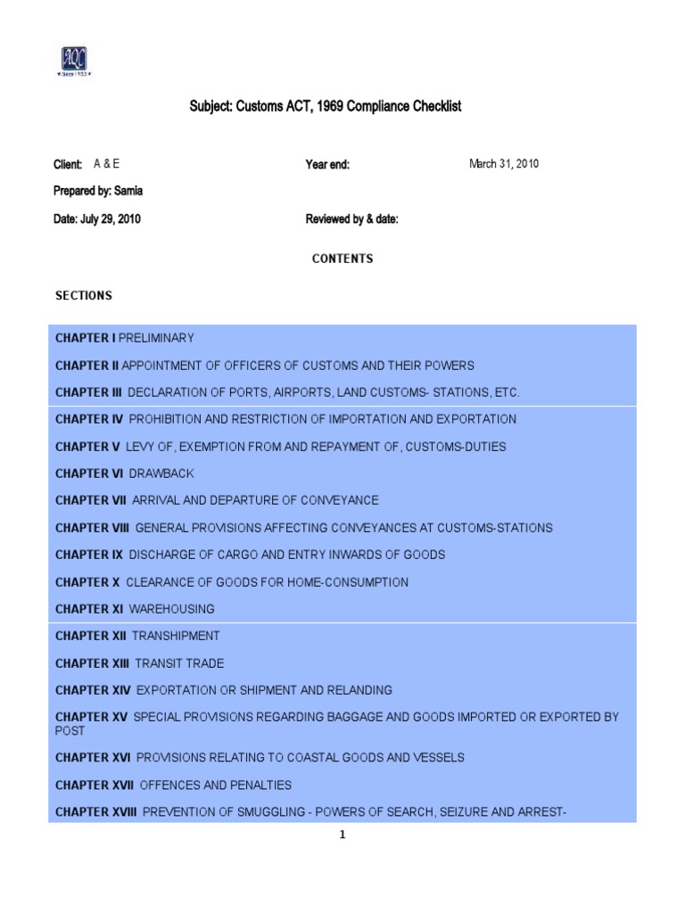 Subject: Customs ACT, 1969 Compliance Checklist | PDF | Customs ...