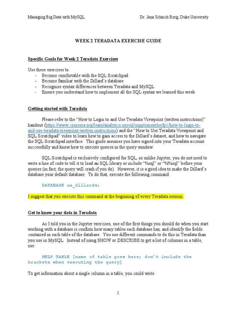 Teradata Viewpoint SQL Exercise Guide | PDF | Databases | Relational ...