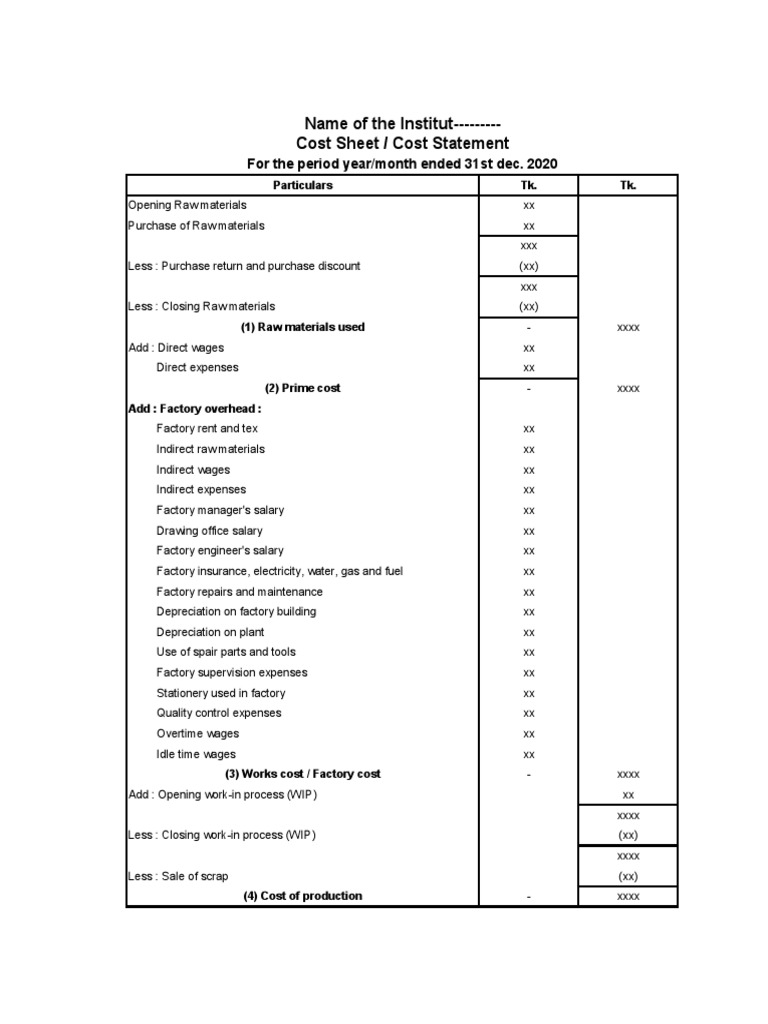 Cost Statement Format and Breakdown | PDF | Business Economics | Business