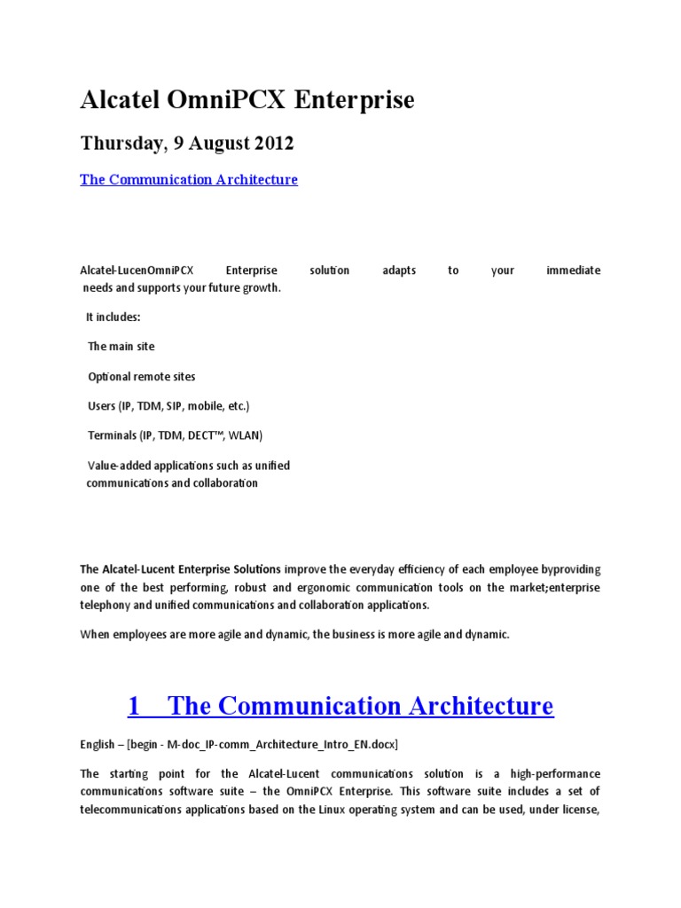 Alcatel Omnipcx Enterprise: 1 The Communication Architecture | PDF