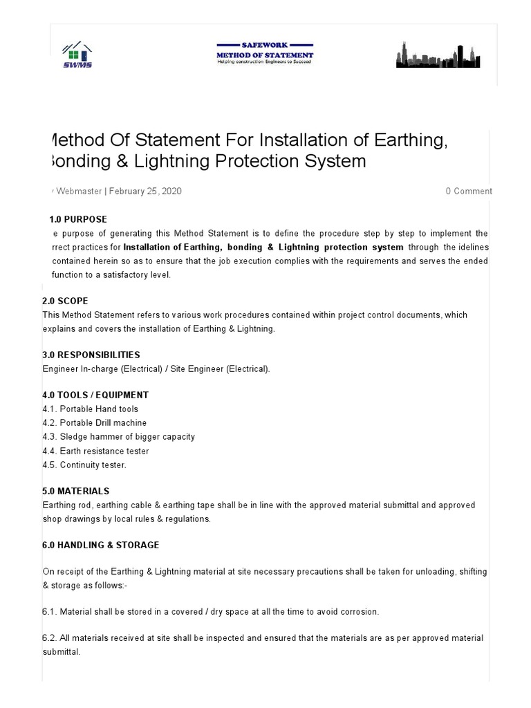 Method Of Statement For Installation Of Earthing Bonding And Lightning