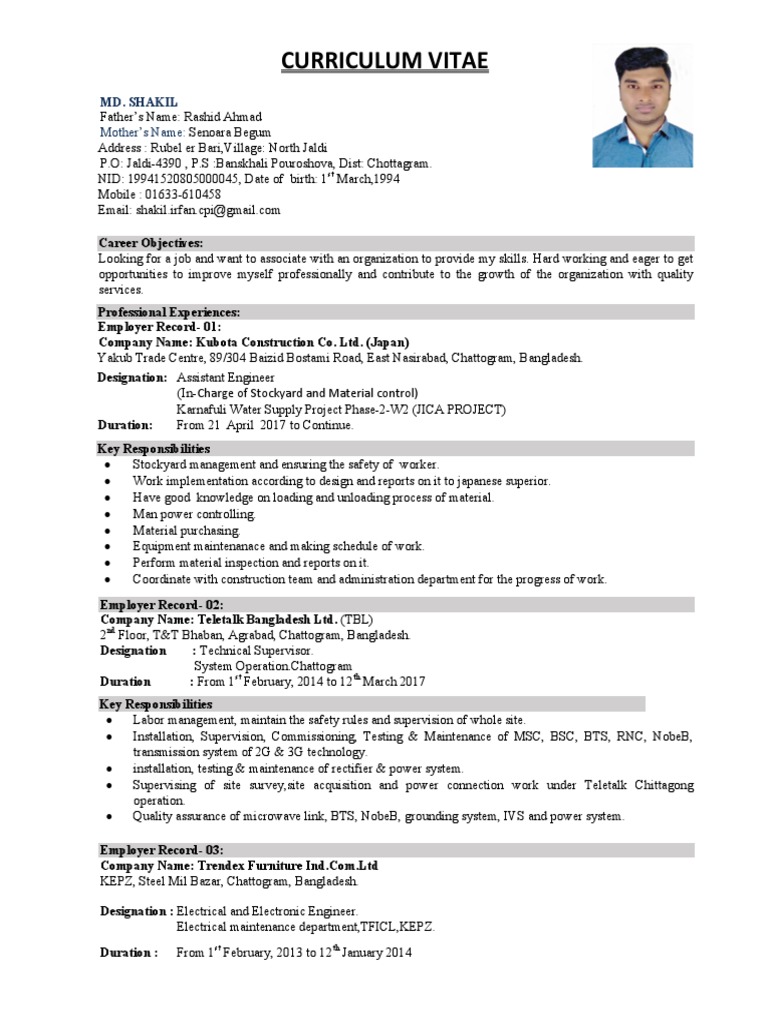 Curriculum Vitae: Md. Shakil Mother's Name | PDF | Electrical ...