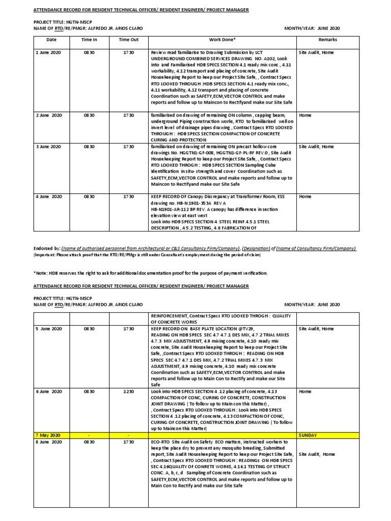 Attendance Record of RTO Month of JUNE 1-30 2020 | PDF | Precast ...