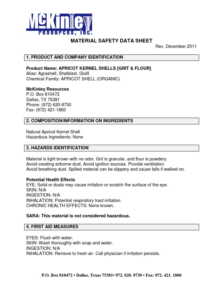 Apricot Kernel Shell MSDS | PDF | Physical Sciences | Occupational ...