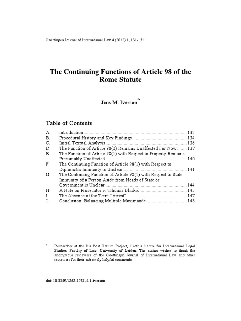Analyzing the Continuing Functions of Article 98 of the Rome Statute ...