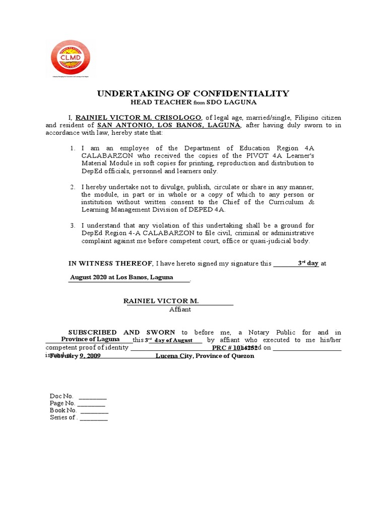 Undertaking of Confidentiality: Head Teacher Sdo Laguna | PDF