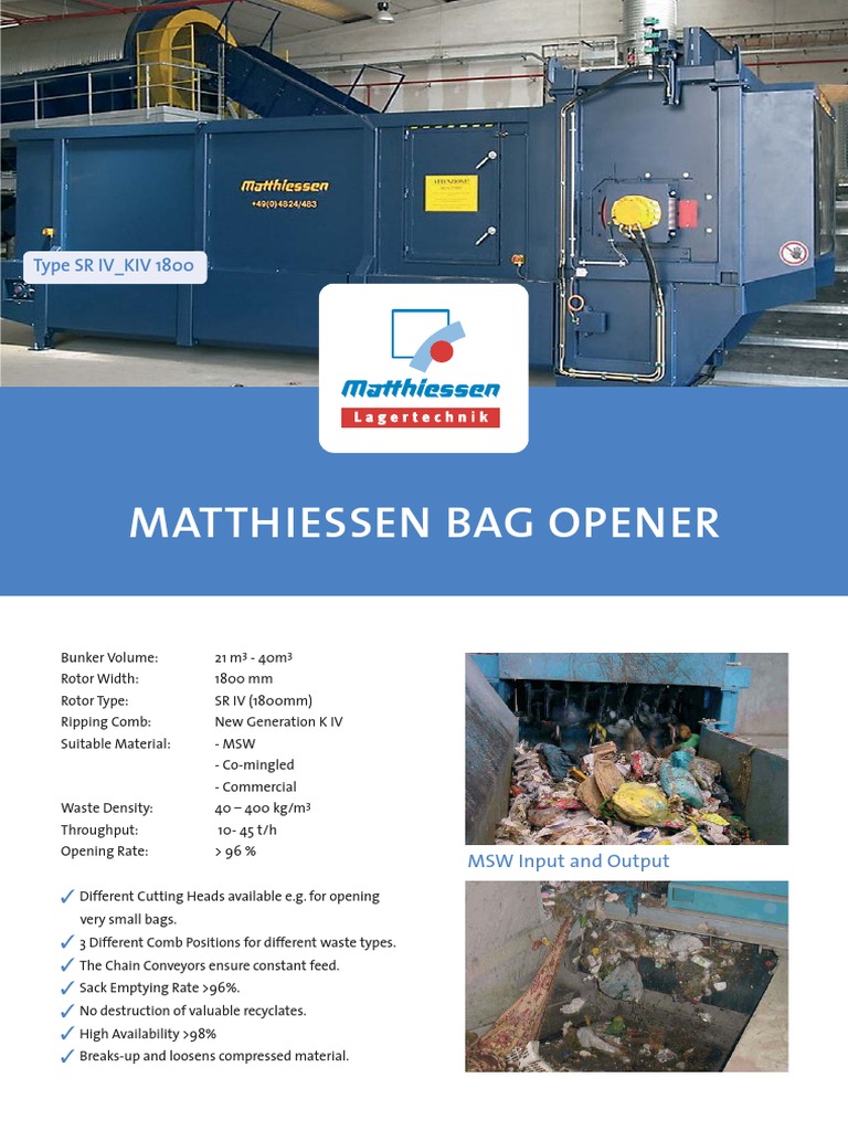 Matthiessen Bag Opener Specifications | PDF | Equipment | Manufactured ...