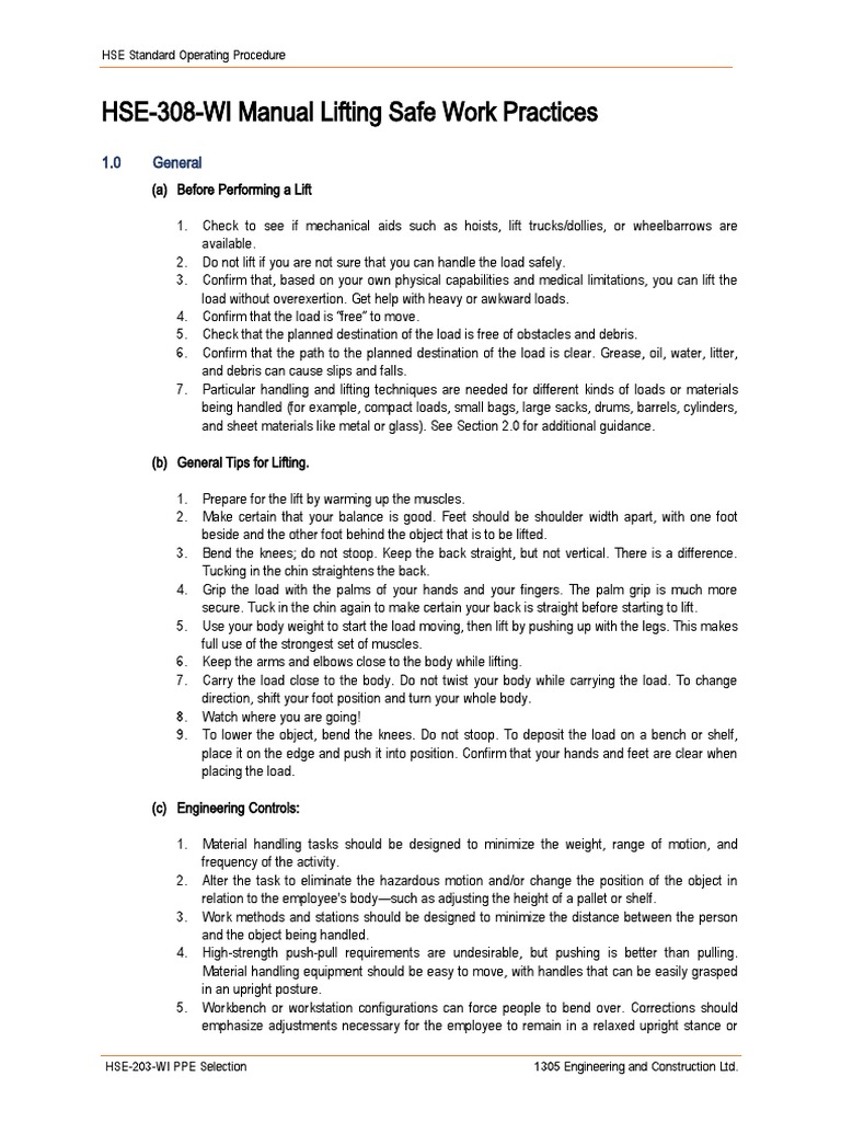 HSE-308-WI Manual Lifting Safe Work Practices | PDF | Nature