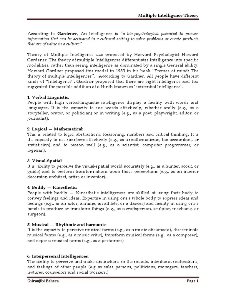 Howard Gardner's Multiple Intelligences Theory | PDF | Intelligence ...
