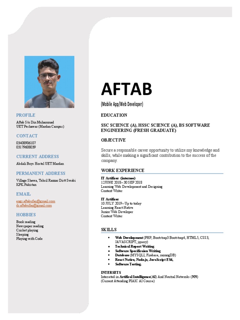 Aftab: (Mobile App/Web Developer) | PDF