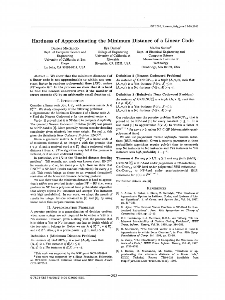 Hardness of Approximating The Minimum Distance of A Linear Code | PDF ...