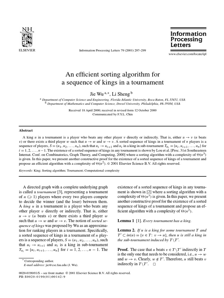 An Efficient Sorting Algorithm For A Sequence of Kings in A Tournament | PDF | Mathematical ...