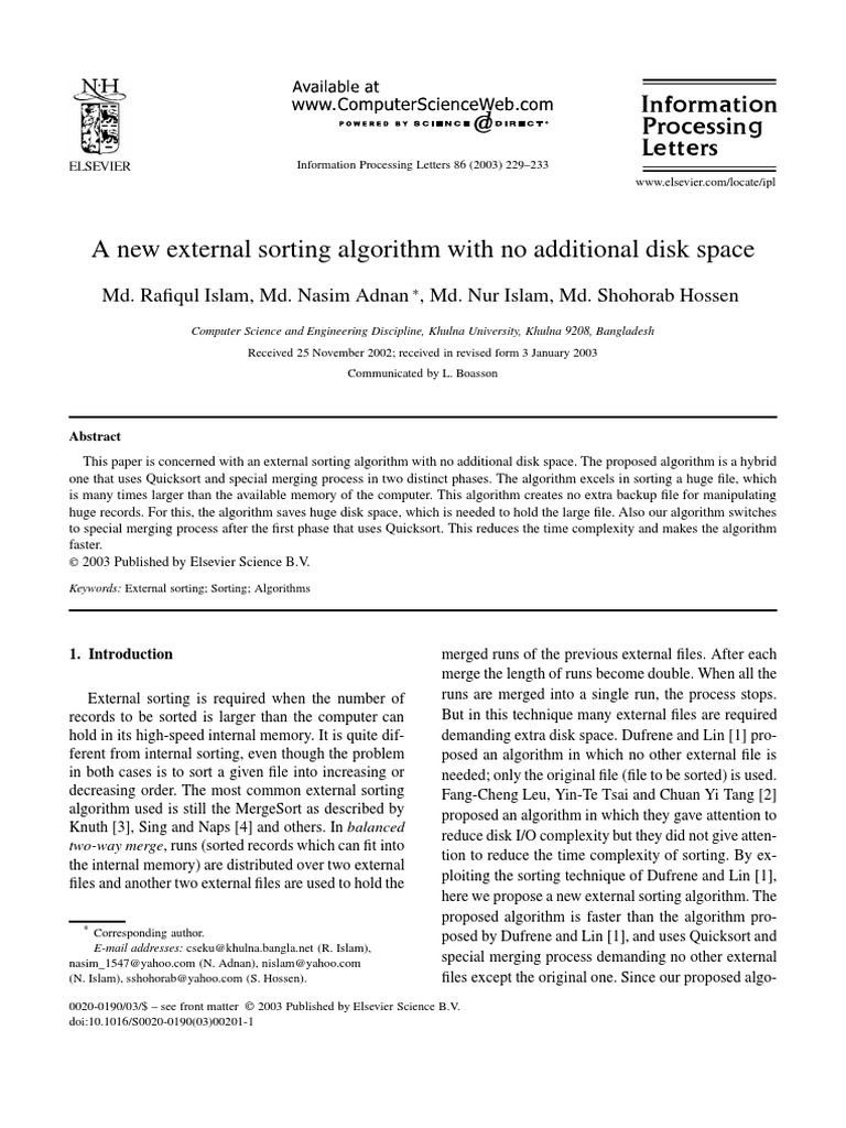 A New External Sorting Algorithm With No Additional Disk Space | PDF | Theoretical Computer ...