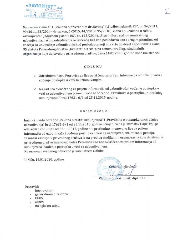 Odluka o Imenovanju Lica Za Vodjenje Postupka Uzbunjivanja | PDF