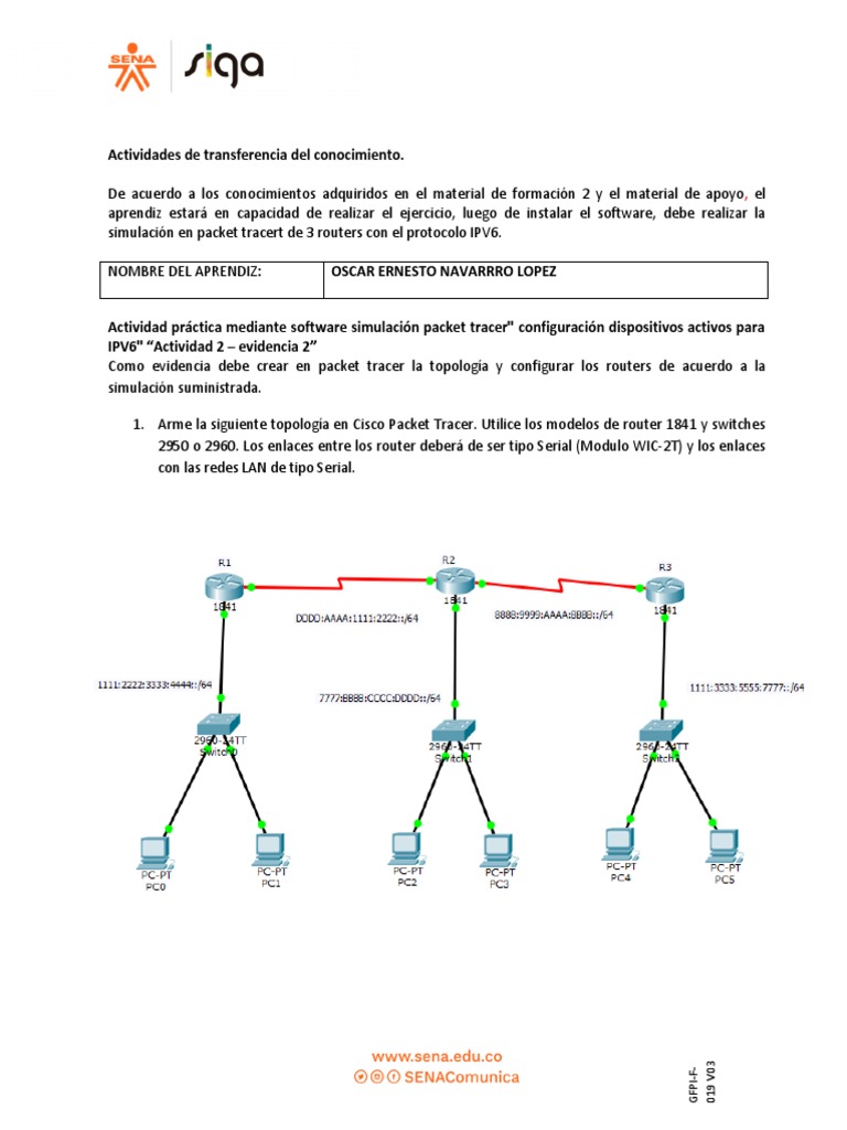 Configuración IPv6 en Packet Tracer | PDF | Yo Pv6 | Enrutador (Computación)