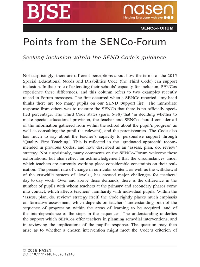 Points From The Senco-Forum: Seeking Inclusion Within The Send Code'S ...