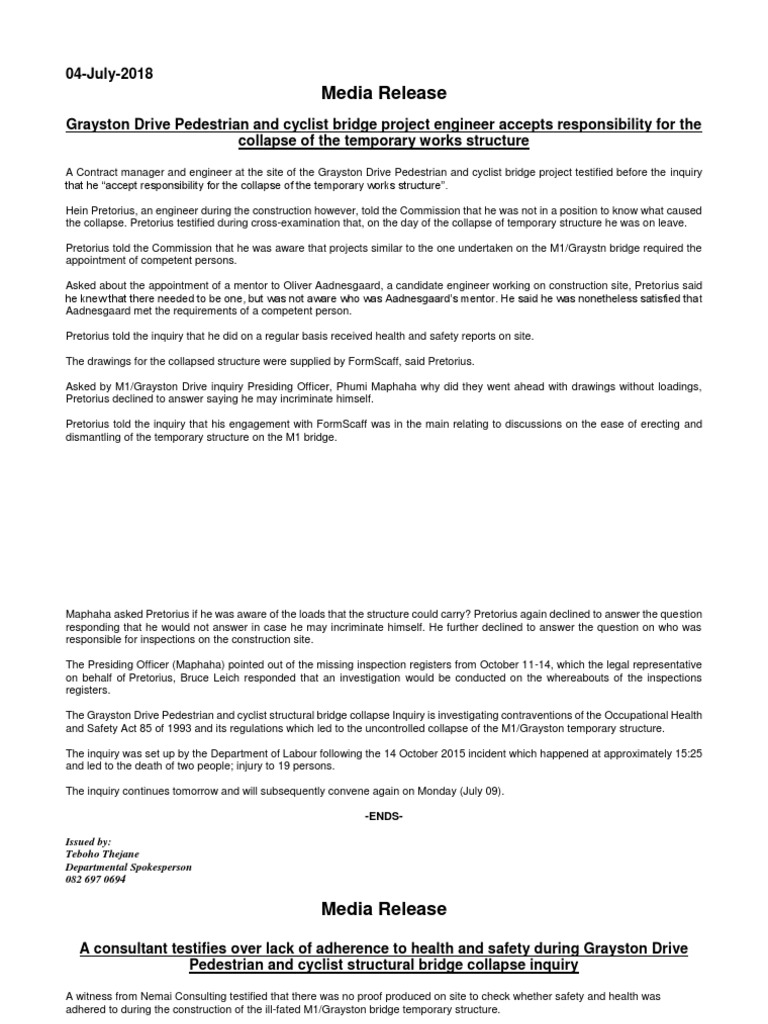 Grayston Drive Bridge Collapse | PDF | Witness | Occupational Safety ...